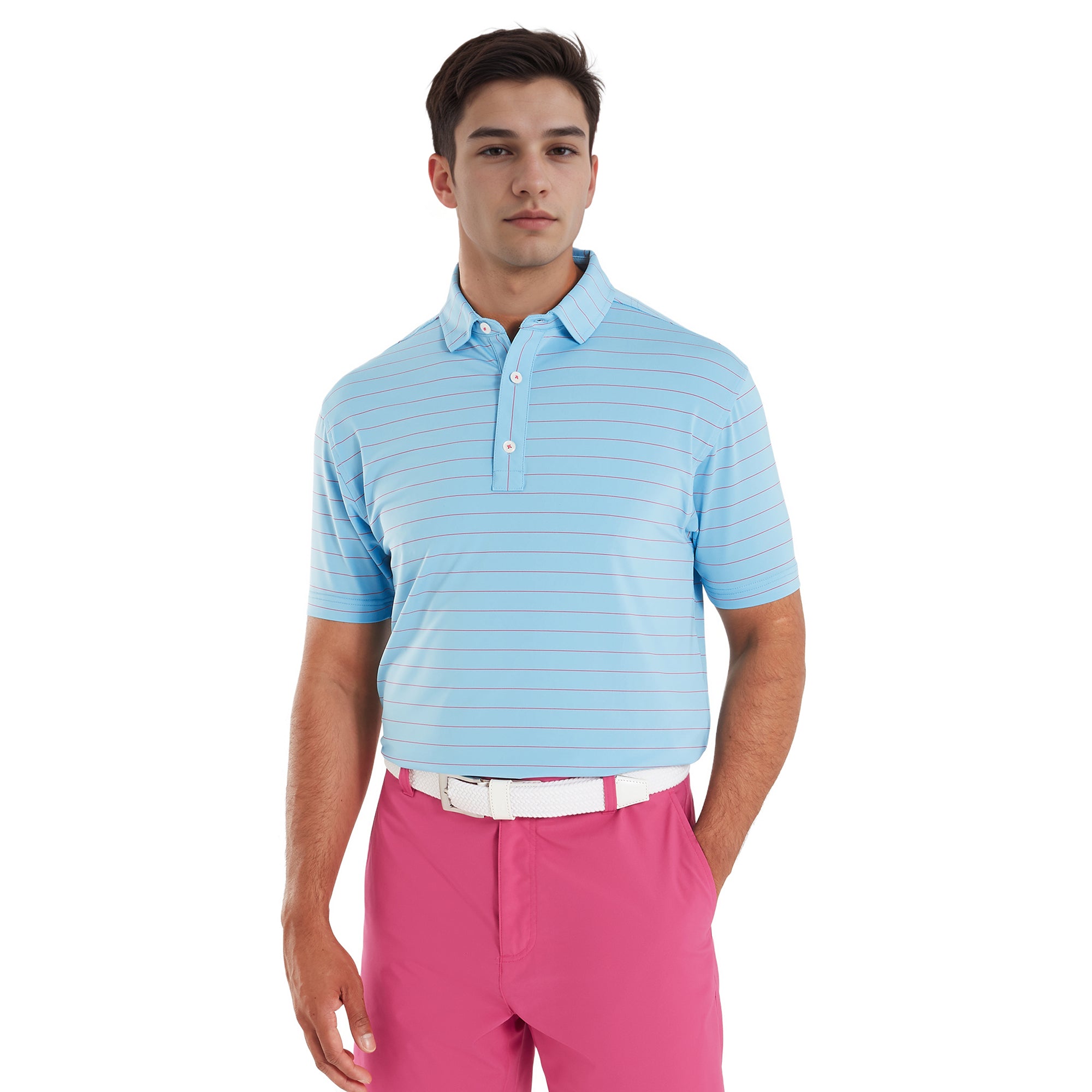FootJoy Open Pinstripe Lisle Golf Shirt - Air Blue/Magenta - 37796 ...