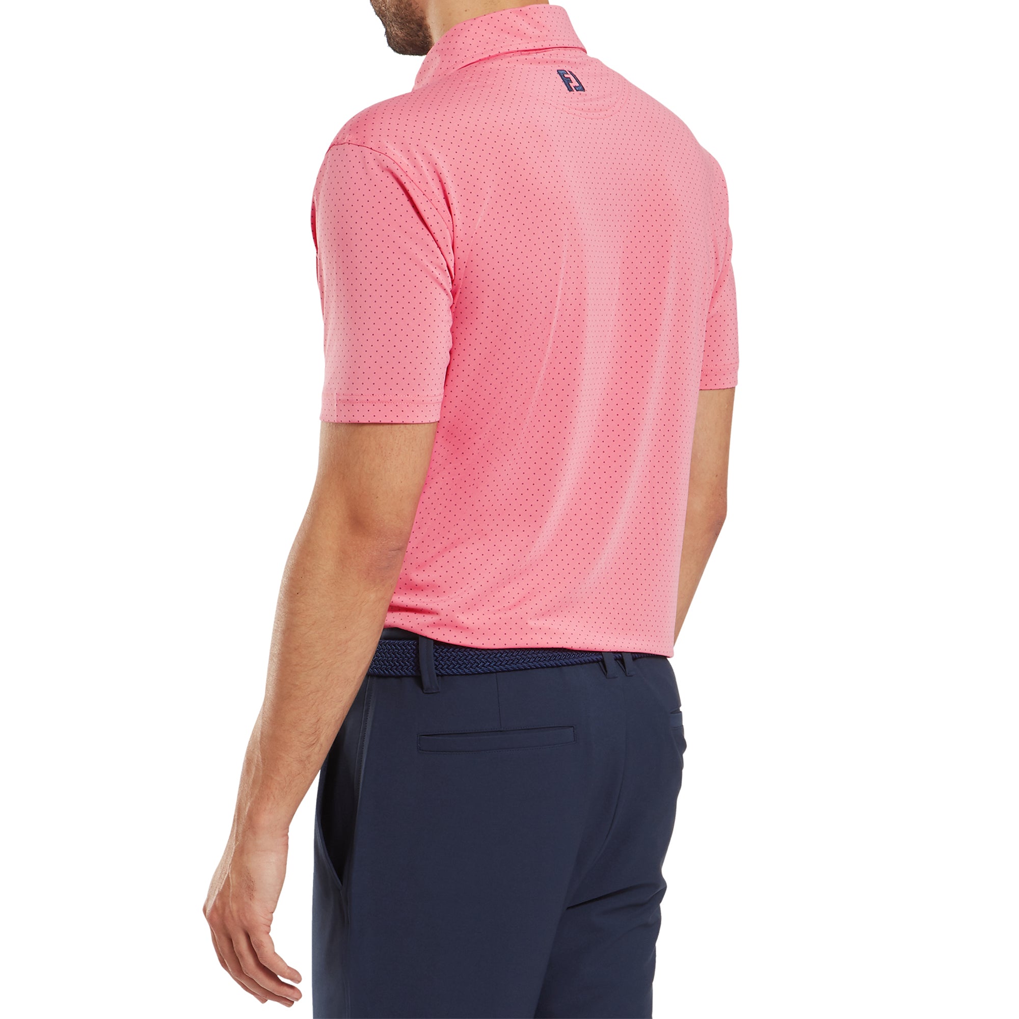 FootJoy Stretch Dot Print Lisle Golf Shirt - Pink Lemonade/Dark Denim ...