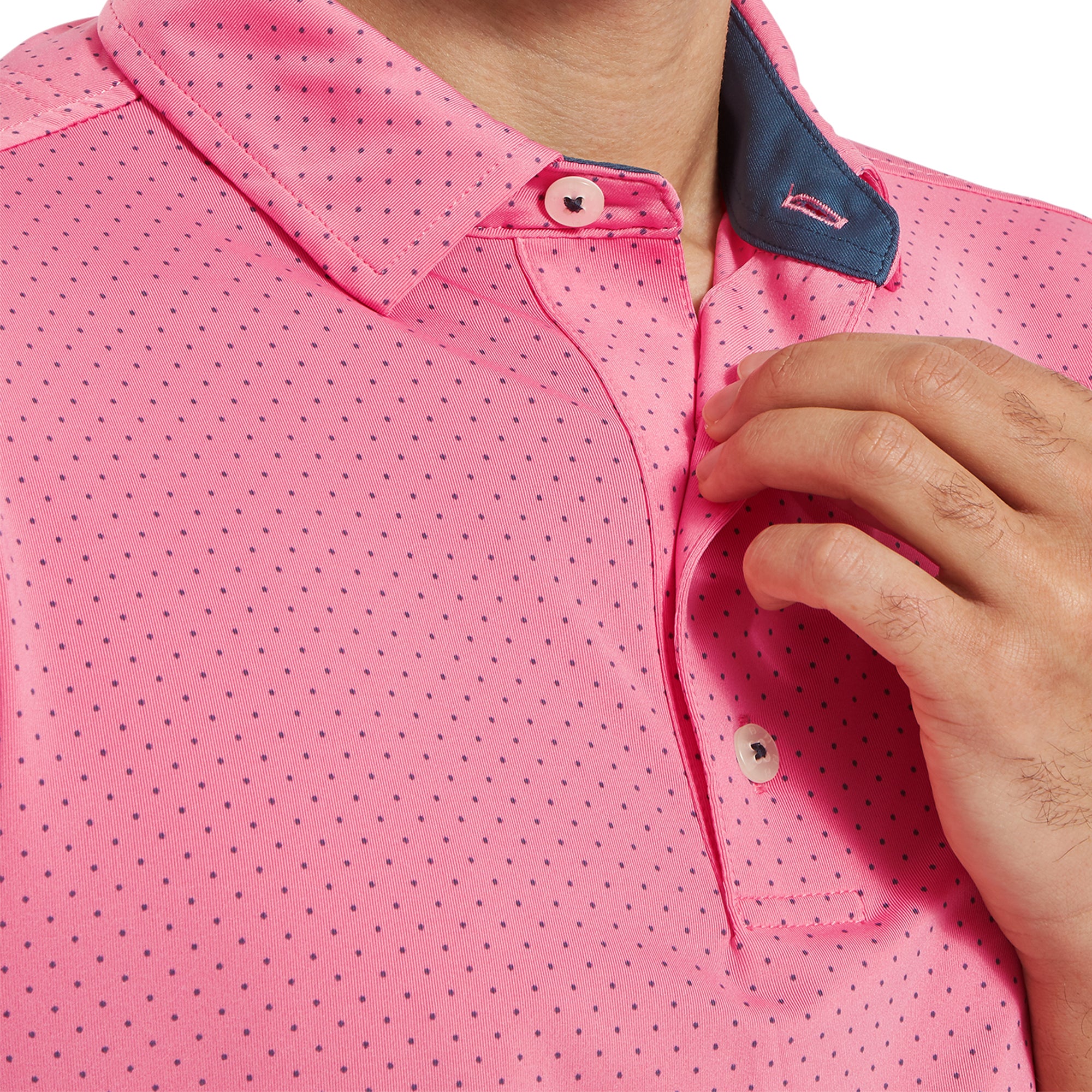 FootJoy Stretch Dot Print Lisle Golf Shirt - Pink Lemonade/Dark Denim ...