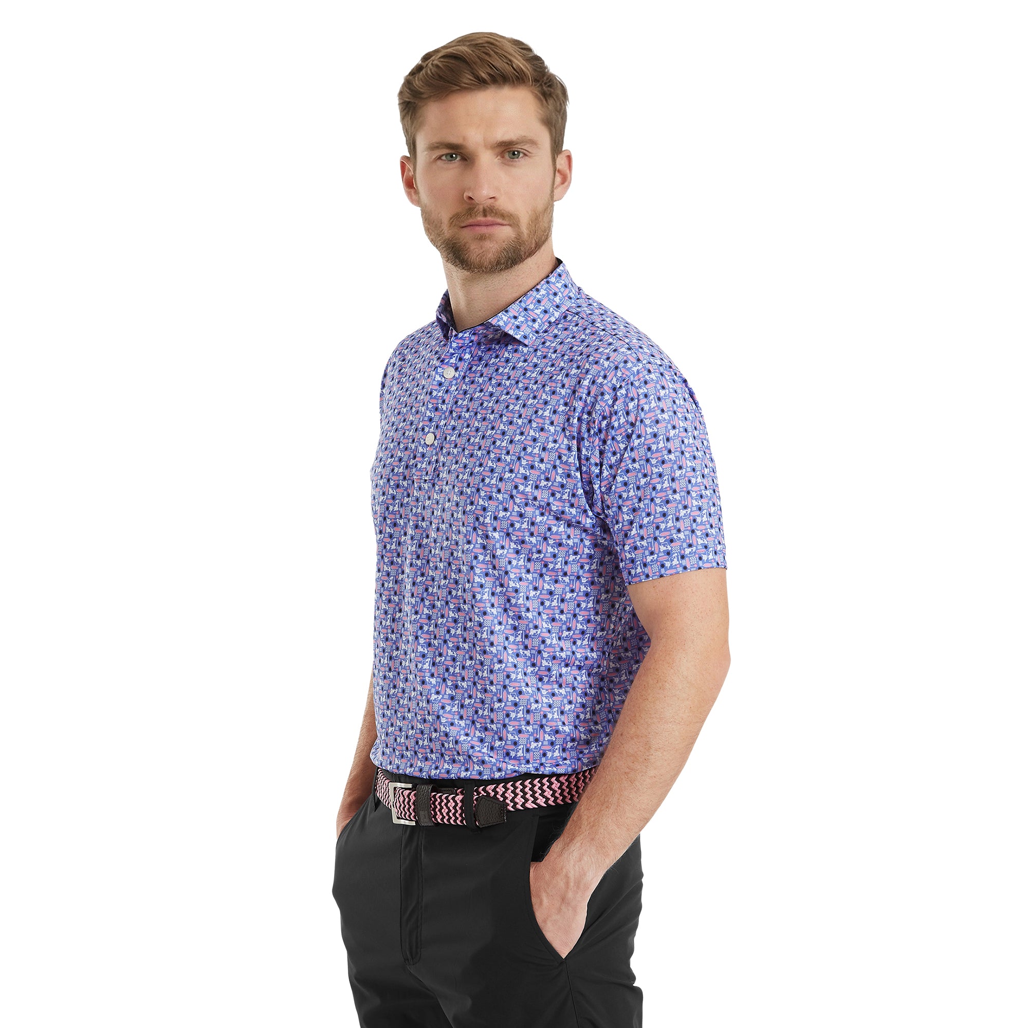 FootJoy Surfs Up Print Lisle Golf Shirt - White/Vivid Violet/Pink Pop ...