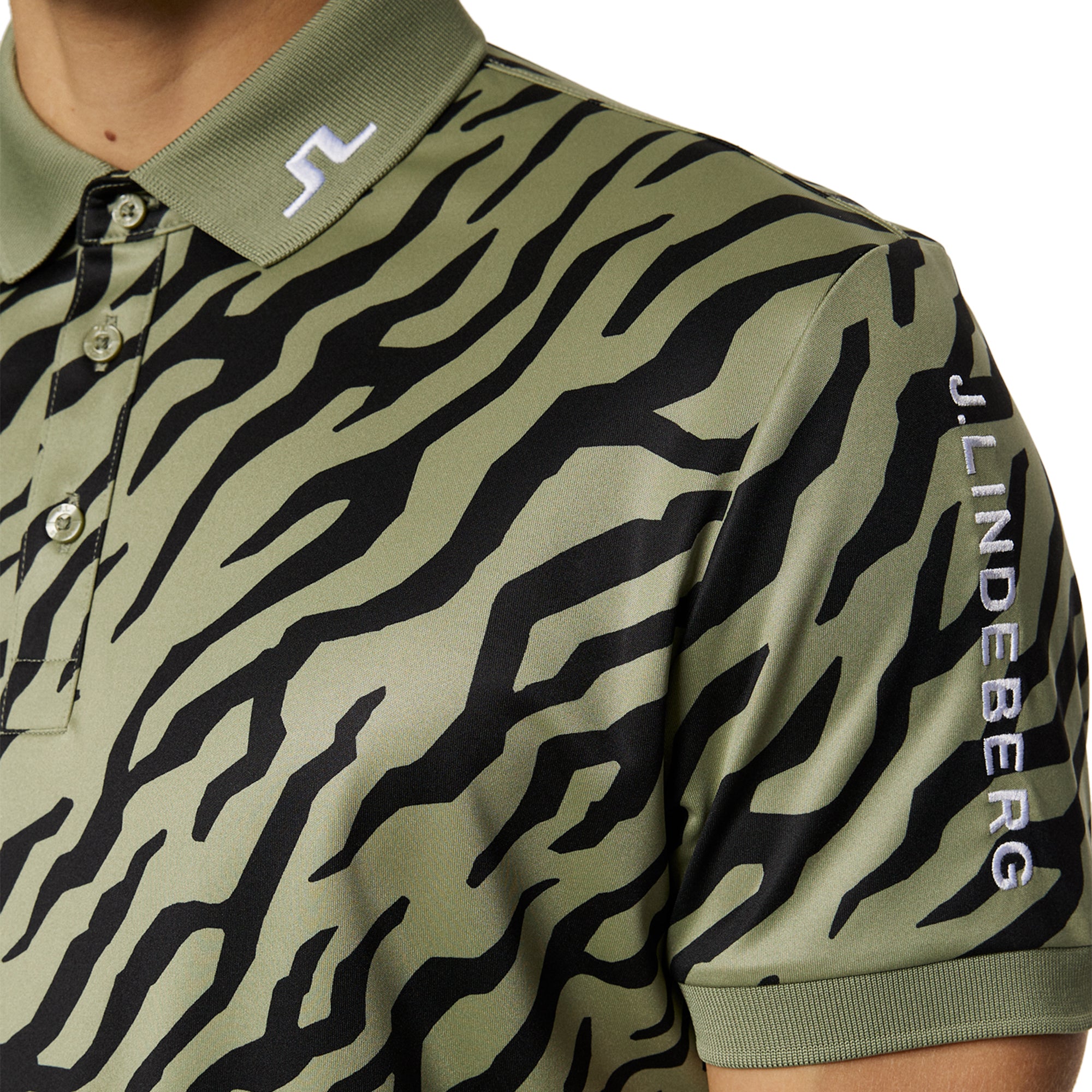 J.Lindeberg Golf Tour Tech Print Polo Shirt SS25 - Tour Tiger Olive ...